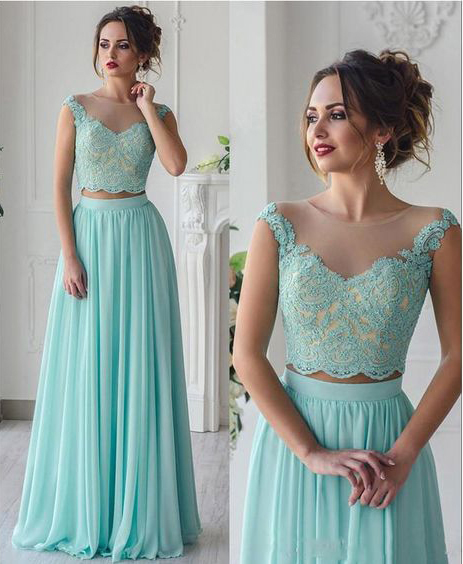 Mint Chiffon Lace Top Prom Dress,2 Pieces Prom Dress,long Two Pieces ...