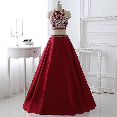 A-line Two-piece Bare Midriff Elegance Floor Length Prom Dresses Formal ...