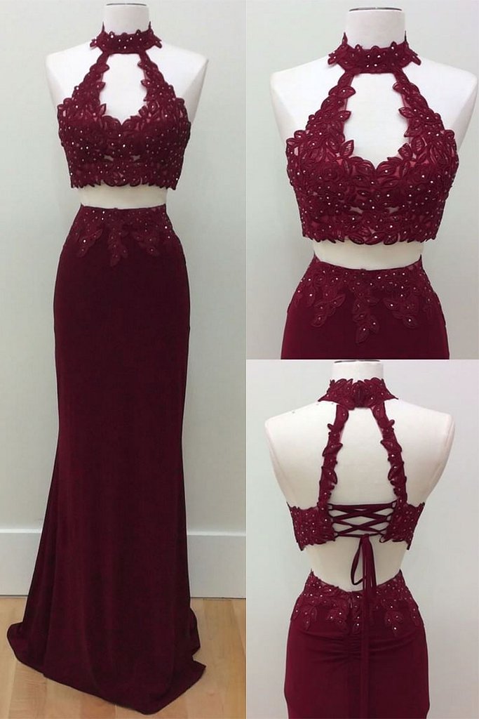 2017 Two Piece Halter Neck Bare Midriff Sleeveless Prom Dresses ...